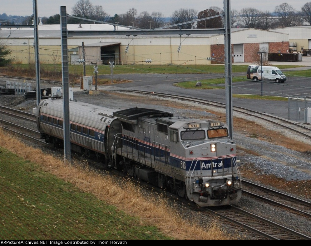 Seen from the Maibach Lane bridge, Amtrak 513 leads its one car consist